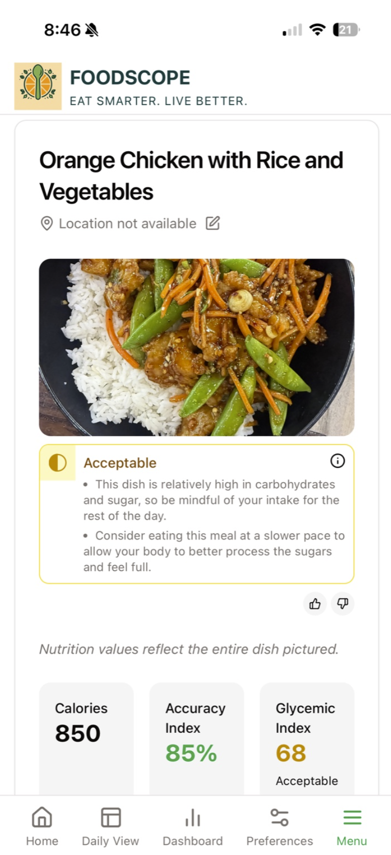Screenshot of FoodScope meal analysis